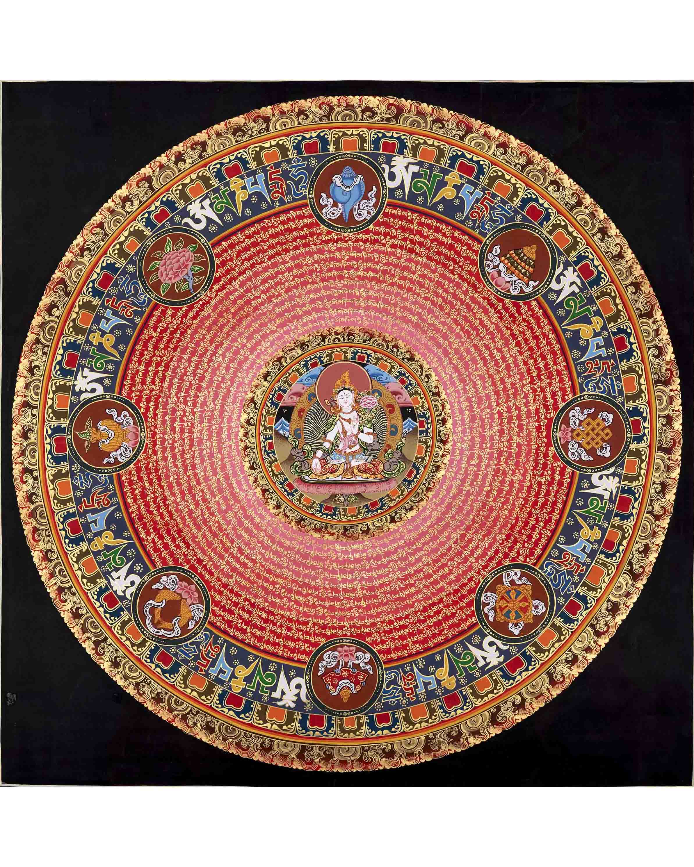 White Tara Mantra Mandala Thangka | Sacred Thangka Painting